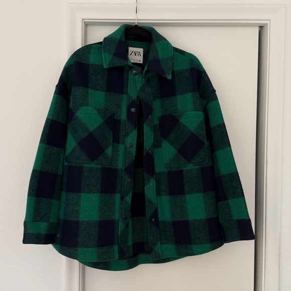 Zara | Jackets & Coats | Zara Black And Green Checkered Shirt Jacket ...